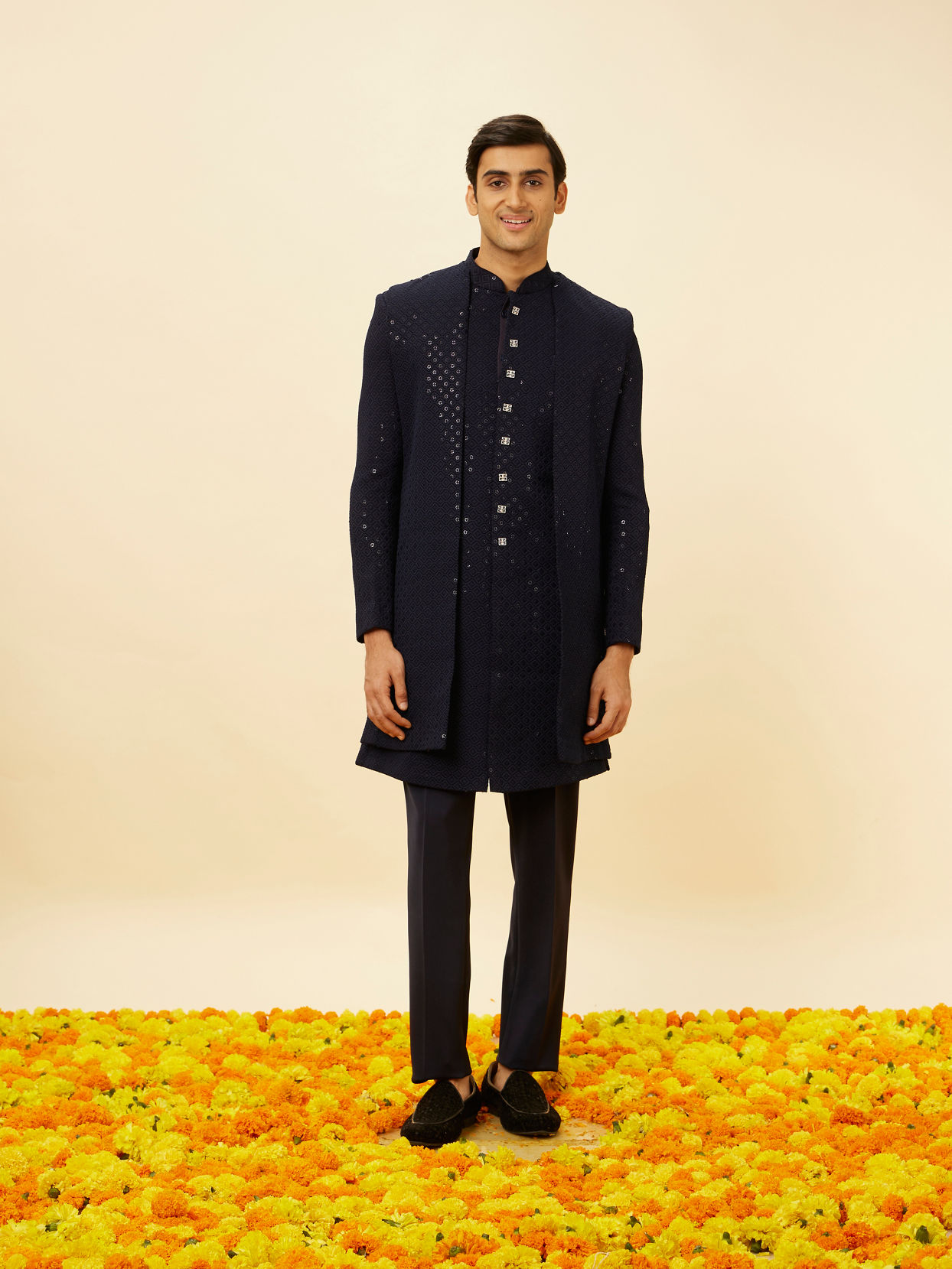 Indo Western for Men - Buy Midnight Blue Diamond Patterned Indo Jacket Set Online @Manyavar